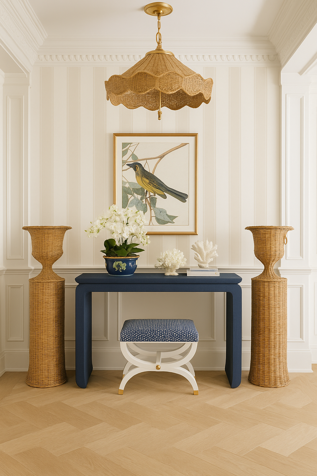 Shop Our Looks: Palm Beach Preppy Beige Striped Wallpaper and Blue Cho ...